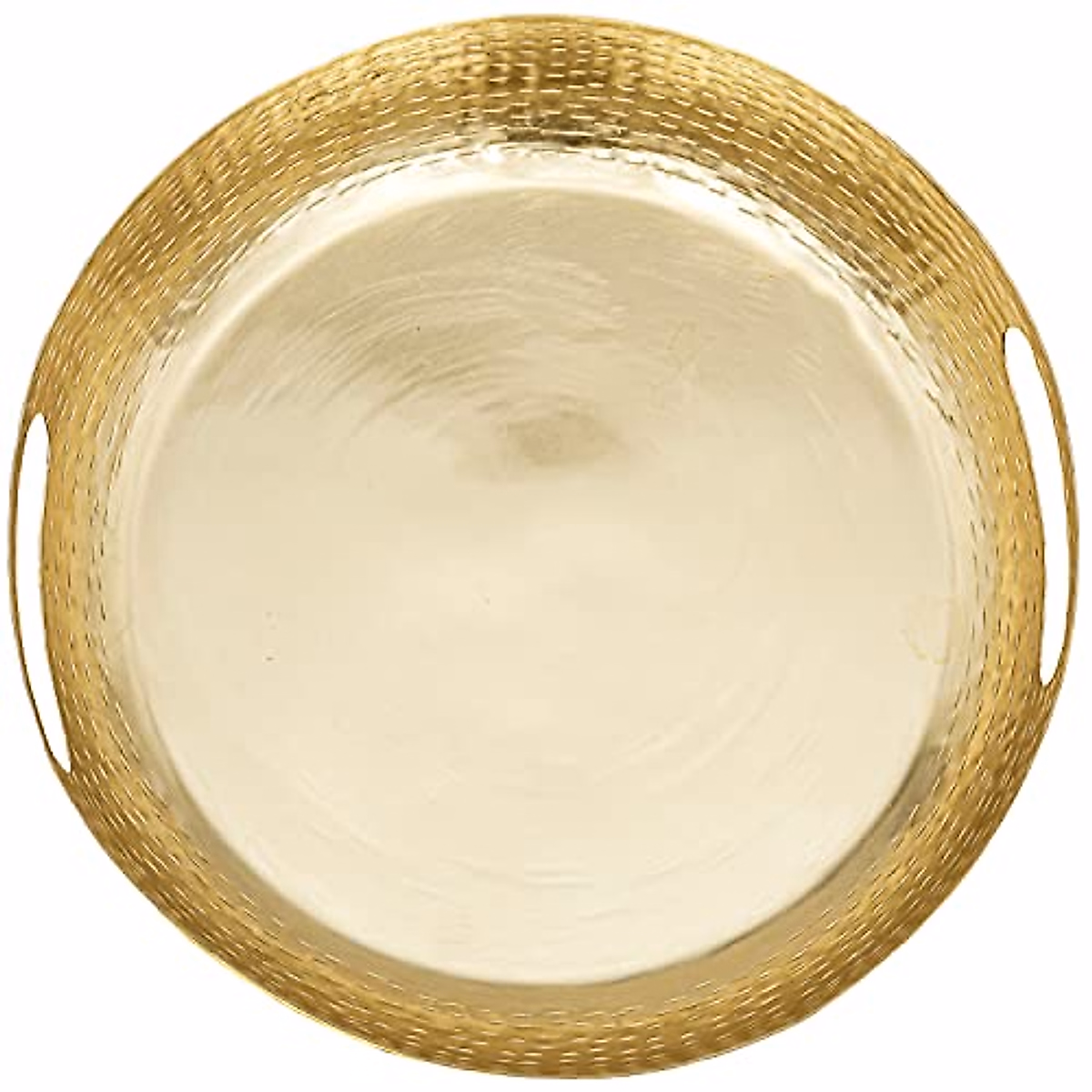 MyGift 12 Inch Round Brass Metal Handcrafted Unique Serving Tray with Hammered Pattern Design and Cut Out Handles, Decorative Coffee Table Tray - Handmade in India