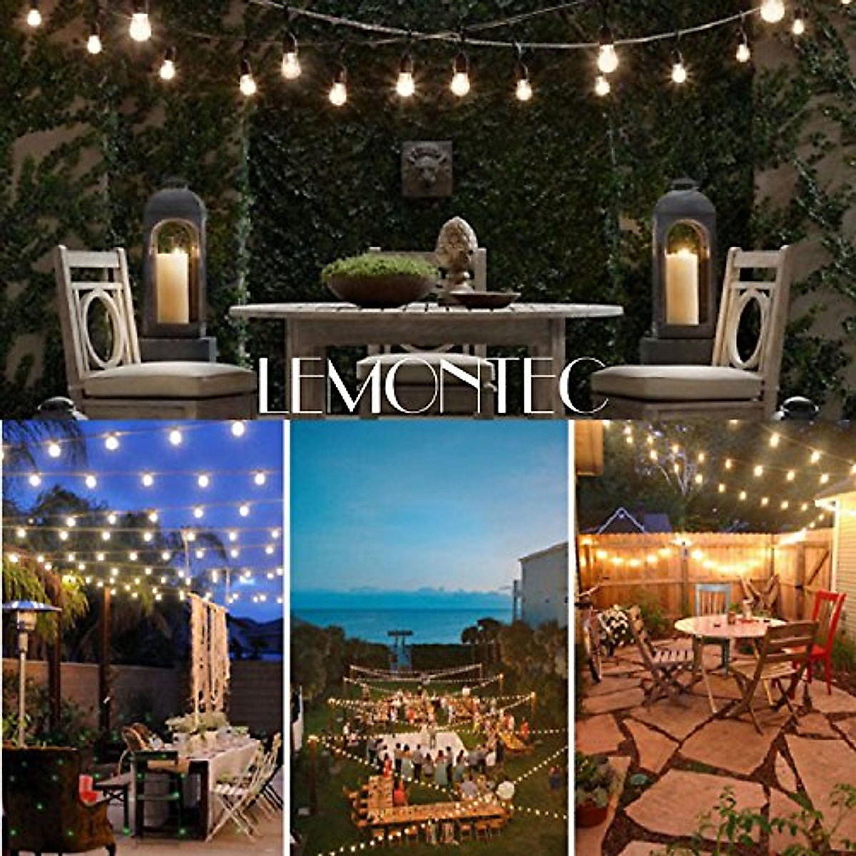 Lemontec Commercial Grade Outdoor String Lights with 15 Hanging Sockets - 48 Ft Black Weatherproof Cord Weatherproof Strand for Patio Garden Porch Backyard Party Deck Yard – S14 Black