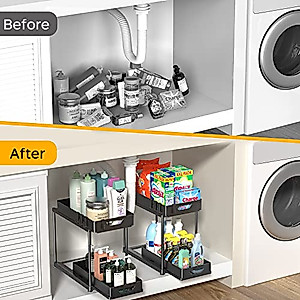 JWQ Under Sink Organizers and Storage 2 Pack, Pull-out Large Capacity Under Bathroom and Kitchen Cabinet Storage Drawer Organizer with Hooks, Multi-purpose Under Sink Shelf Organizer, Black