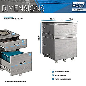 Techni Mobili Rolling Lock and Storage 2 Drawer Vertical Filing Cabinet, 15.75" L x 17.75" W x 23" H, Gray