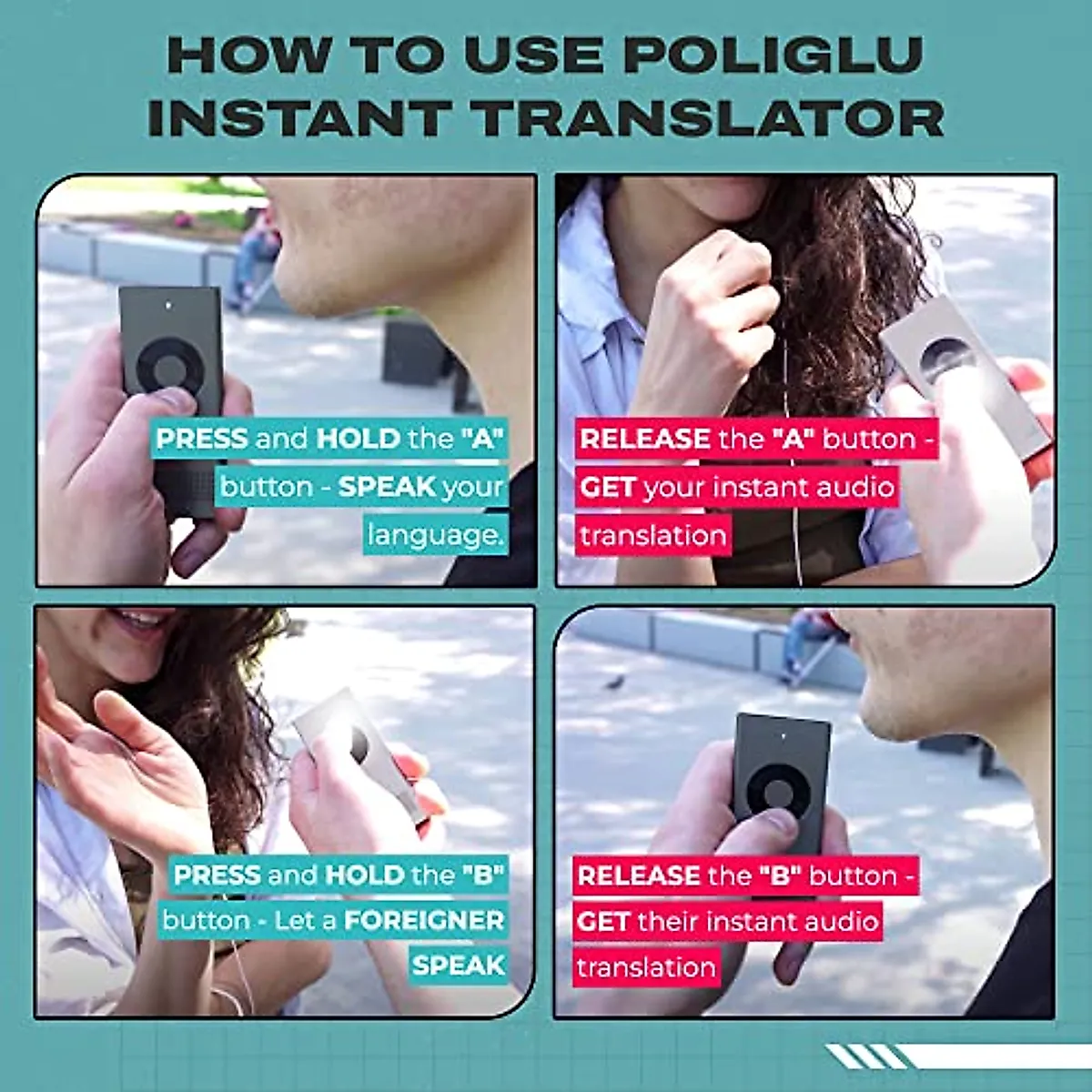 Poliglu Instant Two-Way Language Translator - Translators Devices for 36 Languages. Make Communication Easier with This Innovative Portable Translation Device. Perfect as a Pocket Dictionary
