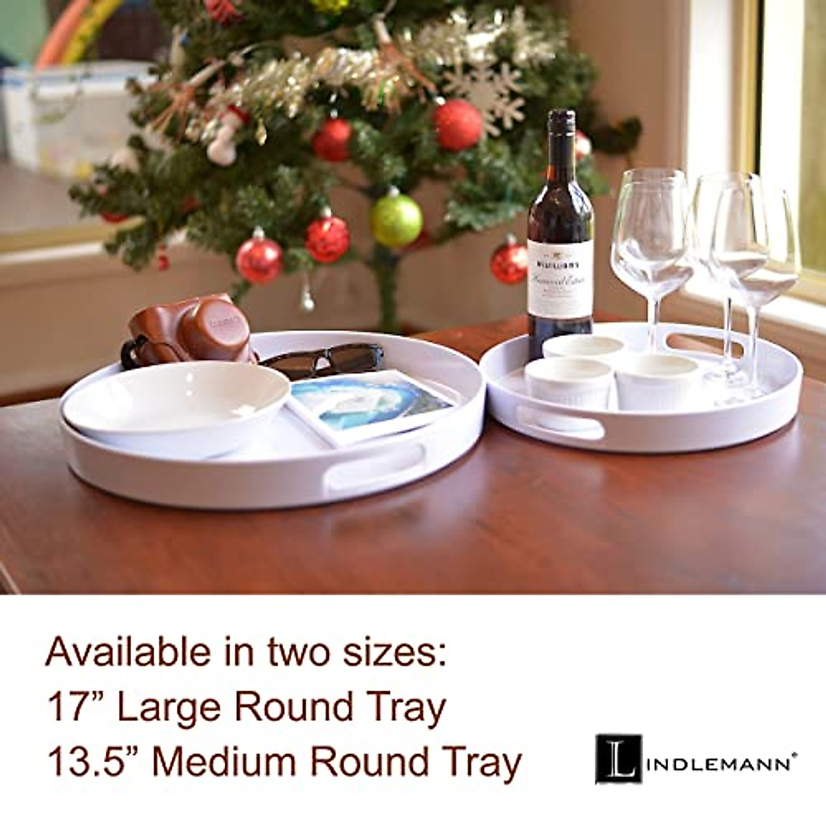 LINDLEMANN Serving Tray - Large Round Melamine White - Strong & Sturdy w/Built-in Handles for Easy Handling - Beautiful Gloss Finish, Elegant & Classy, Easter & Mothers' Day Gift (White,13.5 inches)