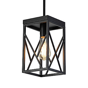Modern Black Pendant Light with Metal Cage, One-Light Adjustable Rods Industrial Mini Pendant Lighting Fixture for Kitchen Island Cafe Bar Farmhouse, Black