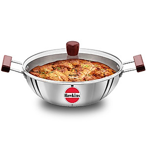 HAWKINS 5 Litre Deep Kadhai, Triply Stainless Steel Kadai with Glass Lid, Flat Bottom Induction Deep Kadhai, Big Kadai, Silver (SSK50G)