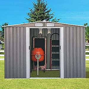 8 x 6 FT Outside Storage Shed, Metal Outdoor Storage Sheds with Sliding Doors, Large Garden Shed Outdoor Utility Tool Shed with Pent Roof for Backyard Patio Lawn, Gray