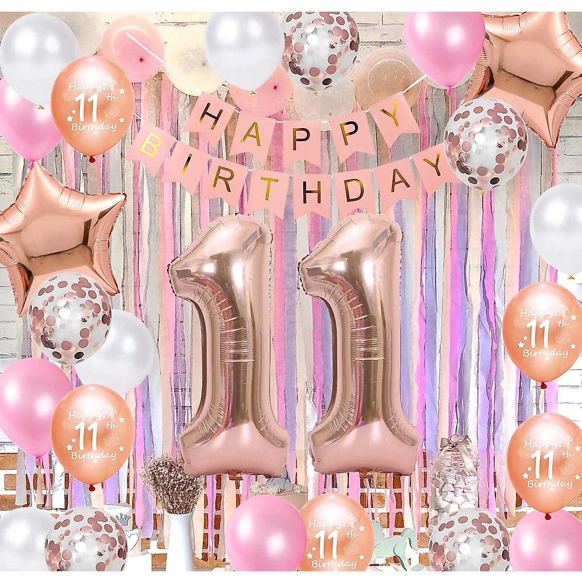 11th Birthday Party Balloons Decorations for Girls, 11th Birthday Banner Rose Gold Number 11 Birthday Foil Balloons Confetti Balloons for Girls Her Daughter 11 Year Old Birthday Supplies (11th)