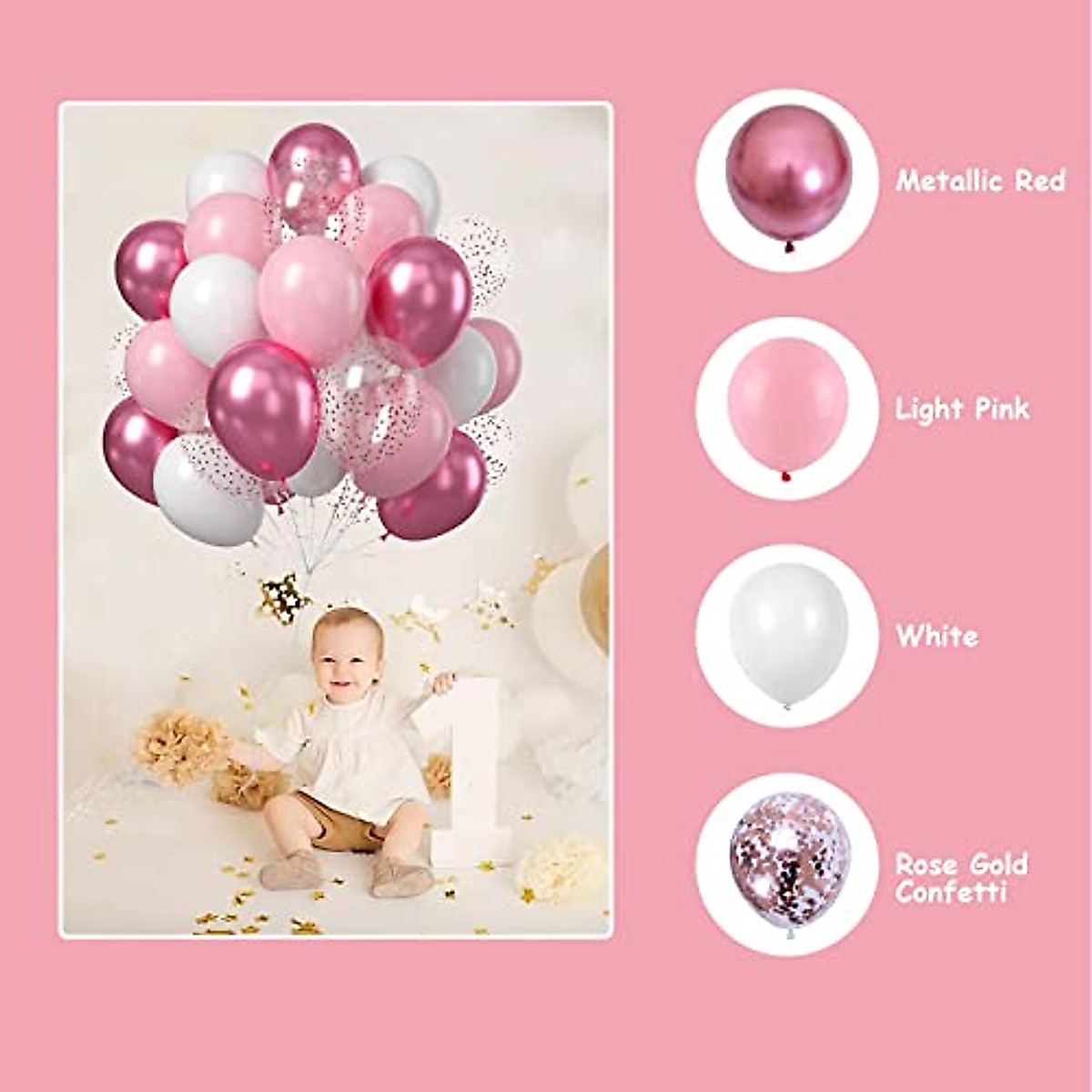 60PCS Pink and White Balloons, 12Inch Baby Light Pink White Party Balloon Set with Metallic Red Balloons, Rose Gold Confetti Helium Latex Balloons for Girls Birthday Baby Shower Wedding Decorations