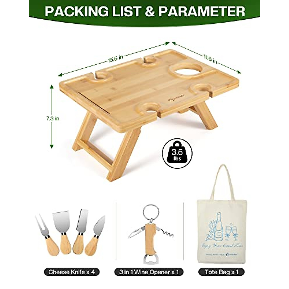 tgosomt Wine Picnic Table Foldable, Portable Bamboo Picnic Table, Picnic Tray for Outdoor, Park, Camping, Beach