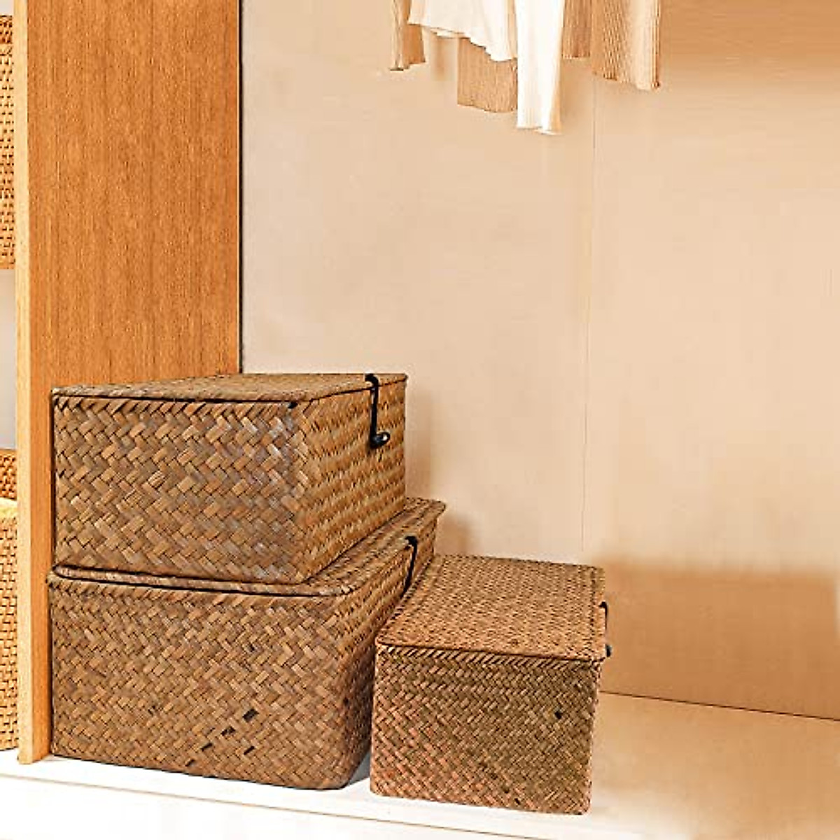 Esoes Wicker Storage Basket Woven Rattan Storage Box With Lids Seagrass Laundry Baskets Makeup Organizer For Bathroom, Living Room, Kitchen (L)