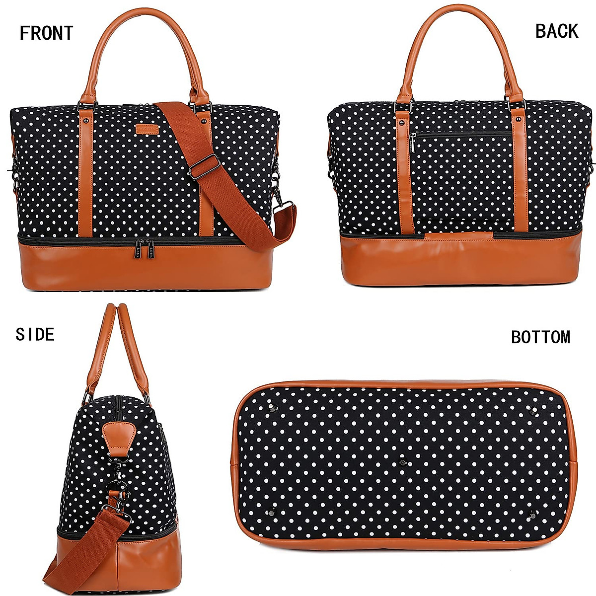 BAOSHA HB-28 Ladies Women Canvas Travel Weekender Bag Overnight Carry-on Duffel Tote Bag (Black Dot) 18 x 13 x 8 inch