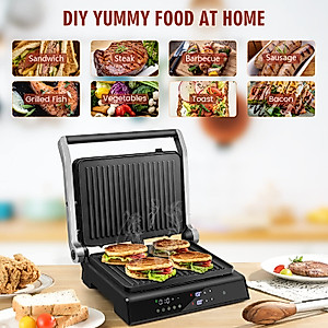COSTWAY Electric Panini Press Grill, 1200W Sandwich Maker with Non-Stick Double Sided Plates, Independent Temperature Control & Removable Drip Tray, Opens 180 Degrees to Fit Any Size of Food