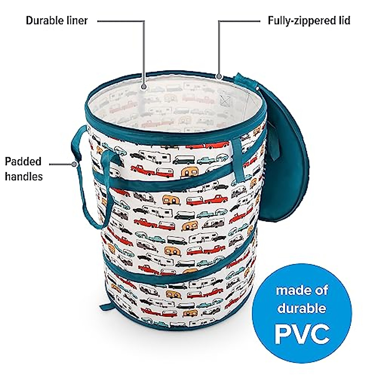 Camco Life Is Better at the Campsite Camper/RV Pop-Up Utility Container | Features Multi-Color Camping Themed Design & Holds 30-Gal. Kitchen-Size Trash Bags | Includes Heavy-Duty Stake (42986)