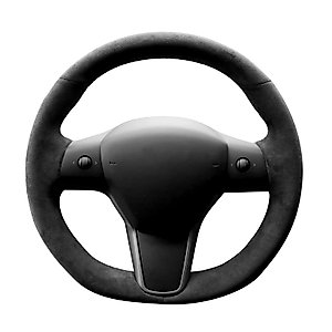 Alfanxi Hand Stitch Sewing Italy Alcantara Car Steering Wheel Cover Wrap for Tesla Model 3/Tesla Model Y (Black Alcantara+No Stripes)