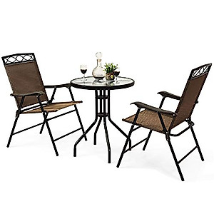 S AFSTAR 3-Piece Bistro Set, Patio Dining Furniture Set, Round Textured Glass Tabletop w/Umbrella Hole, Outdoor Conversation Set for Backyard Garden Poolside