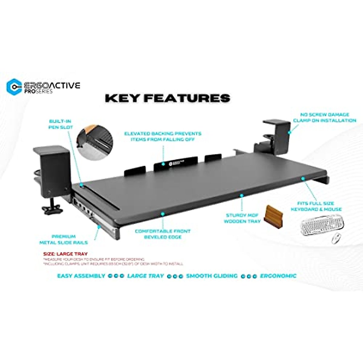 ErgoActive MDF Wooden Under Desk Keyboard Tray, Clamp On Easy Install, Includes Mouse Pad, Ergonomic Wood Keyboard Tray for Office, Home, School and Gaming (26.7" x 11")