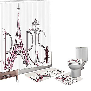 Amagical Paris Tower Eiffel with Paris Lettering Pink Flowers Couple Trip Print 16 Piece Bathroom Mat Set Shower Curtain Set Bath Mat Contour Mat Toilet Cover Shower Curtain 12 Hooks
