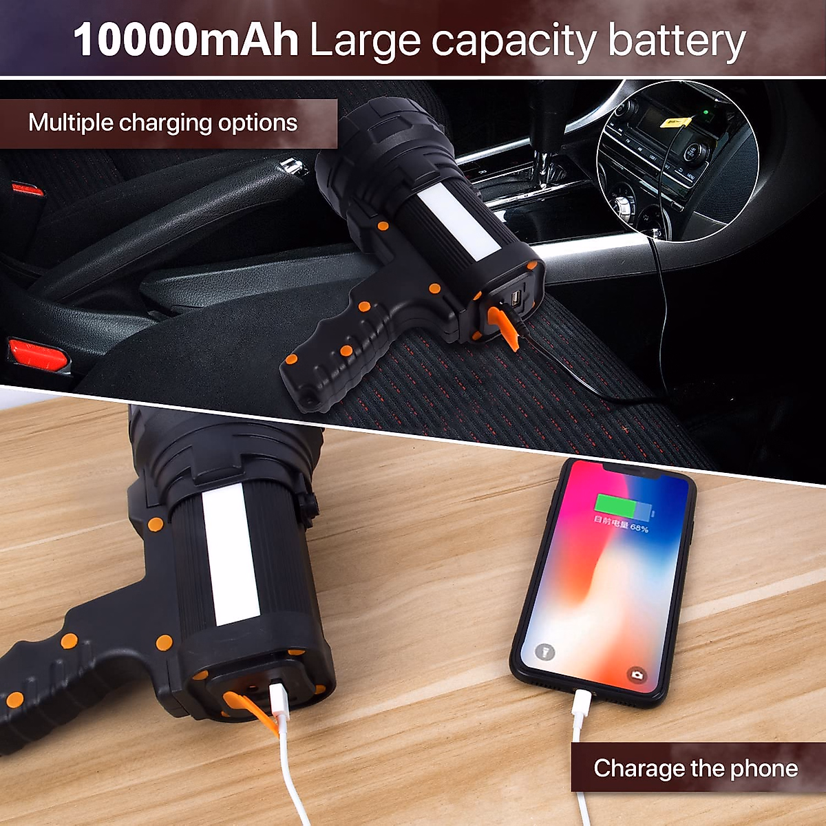 Rechargeable Spotlight, 10000 Lumens Led Spot Lights, Super Bright Handheld Flashlight with 10000mAh Power Bank&Warning Lamp, IP65 Waterproof Outdoor Searchlight Camping Hunting