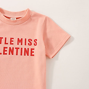 FYBITBO Toddler Baby Girl Valentines Day Outfit Little Miss Short Sleeve Tee Shirt Top Heart Bell Pants Spring Clothes (Heart print pink,6-12 Months)