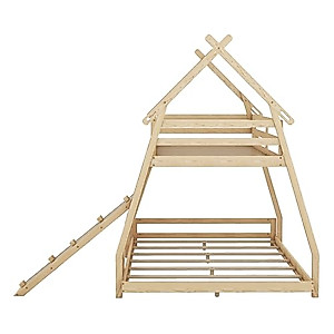 Merax Twin over Queen House Bunk Bed Solid Wood Frame with Climbing Nets and Climbing Ramp for Boys Girls and Teens,Natural