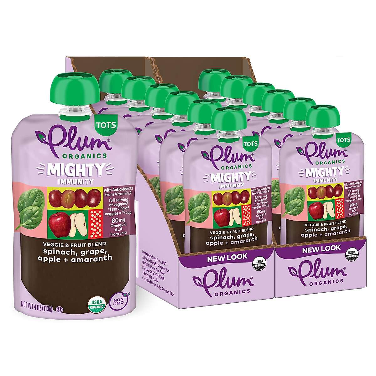 Plum Organics Mighty Veggie Blends Organic Baby Food Meals [12+ Months] Spinach, Grape, Apple & Amaranth 4 Ounce Pouch (Pack Of 12) Packaging May Vary