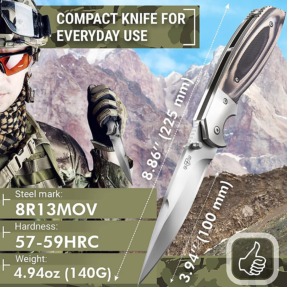 Grand Way Bundle of 2 Items - Japanese Fixed Blade Tanto Knife - 5,9" Polished Sharp Blade - Knives with Paracord Handle - Hiking Hunting Knofe - Sharp Blade Tool - Birthday Christmas Gifts for Men