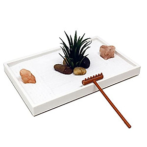 Nature's Mark Mini Zen Garden Kit for Desk with White Sand, Rake, White Base, Salt Rock and Air Plant (Rectangle)