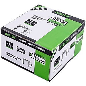 meite 21 Gauge 1/2-Inch Crown with 1/2-Inch Length Upholstery Staples Galvanized Fine Wire Staples Compatible for MT8016 Stapler (10,000 Pcs/Box)