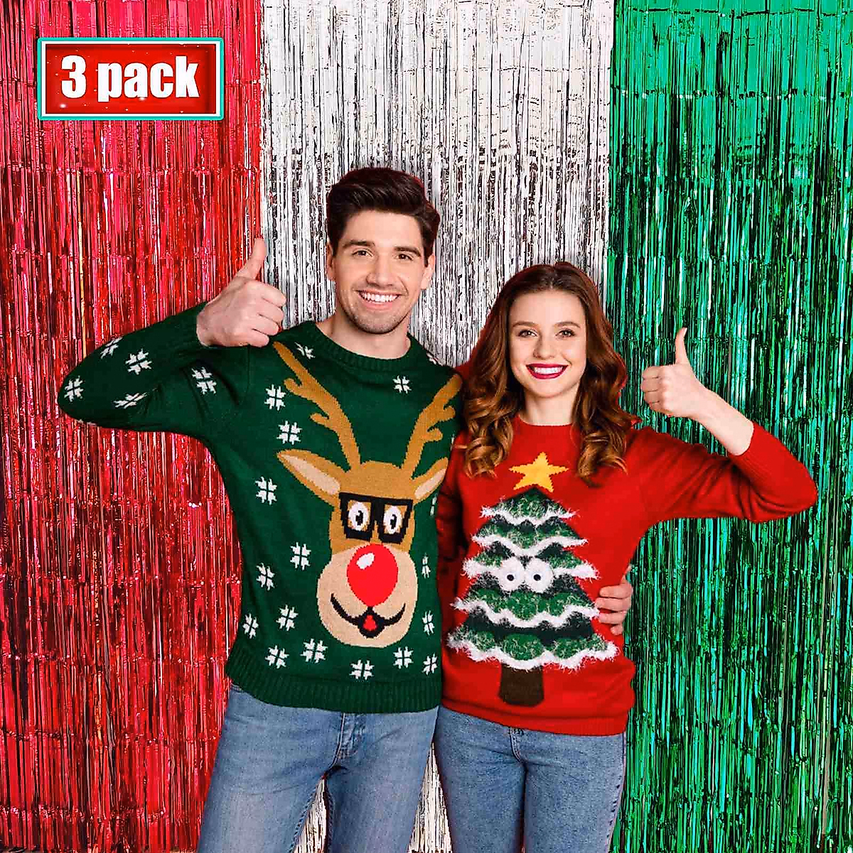 Christmas Foil Fringe Curtain -3 Pack of 3.2x8.2ft Red Silver Green Tinsel Fringe Backdrop Streamers for Christmas Ugly Sweater Party New Years Eve Party Supplies 2024 Photo Backdrop Party Decorations
