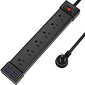 Power Strip with 4 USB Ports, SUPERDANNY 6 Outlets Surge Protector, 4 Ft Extension Cord Flat Plug, 900Joules, Wall Mount Outlet Extender for Home/Office/Dorm Essentials, Black