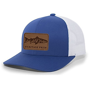 Heritage Pride Scenic Trout Engraved Leather Patch Mens Trucker Hat Baseball Cap, Royal/White