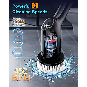 Yonlog Electric Spin Scrubber, FRIWOLE Upgraded Cordless Cleaning Brush with LED Display, 3 Speeds, 8 Replaceable Brush Heads, Adjustable & Detachable Handle, 450 RPM, for Bathtub, Tile, Floor, Black
