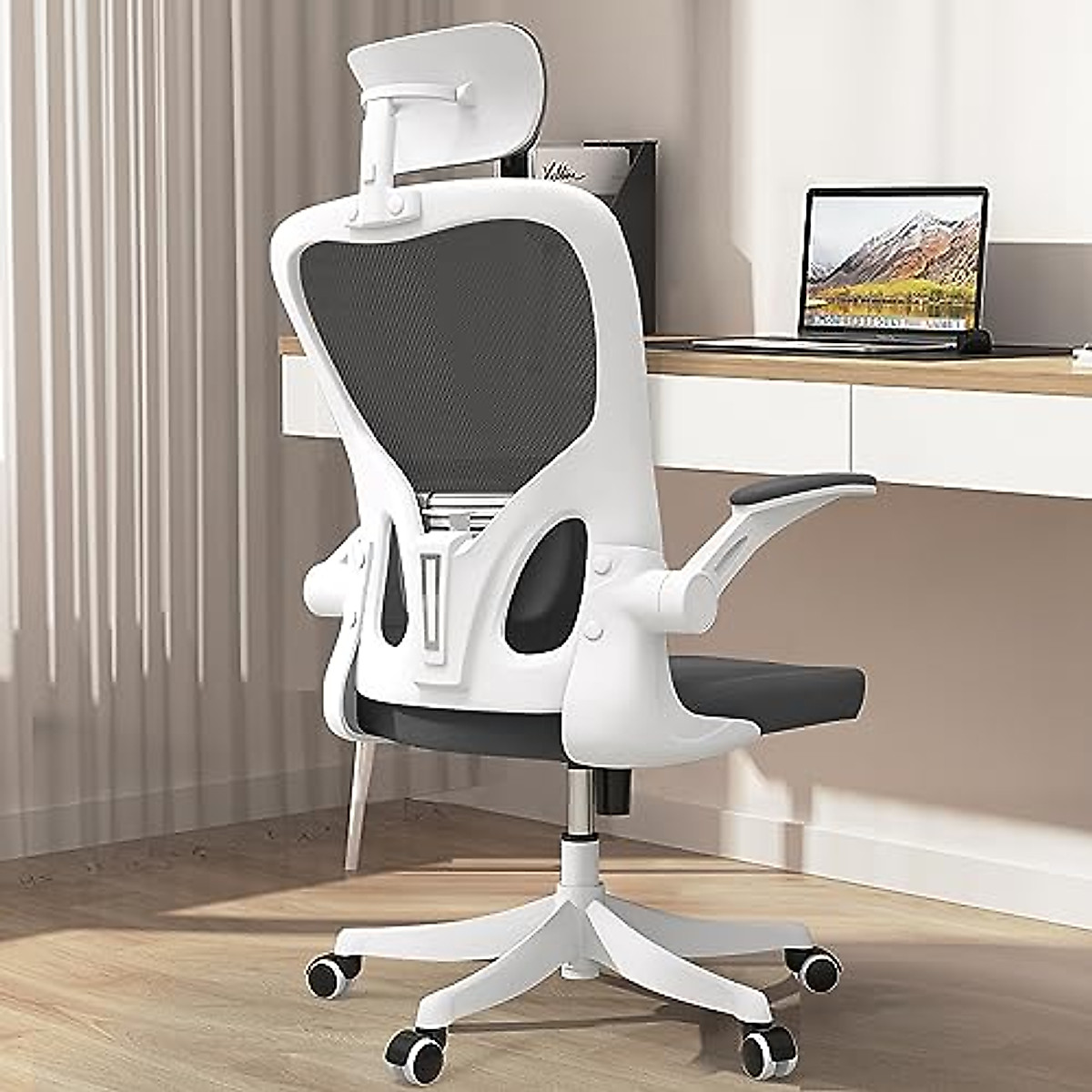 Monhey Office Chair, Ergonomic Office Chair with Lumbar Support & 3D Headrest & Flip Up Arms Home Office Desk Chairs Rockable High Back Swivel Computer Chair White Frame Black Mesh Study Chair