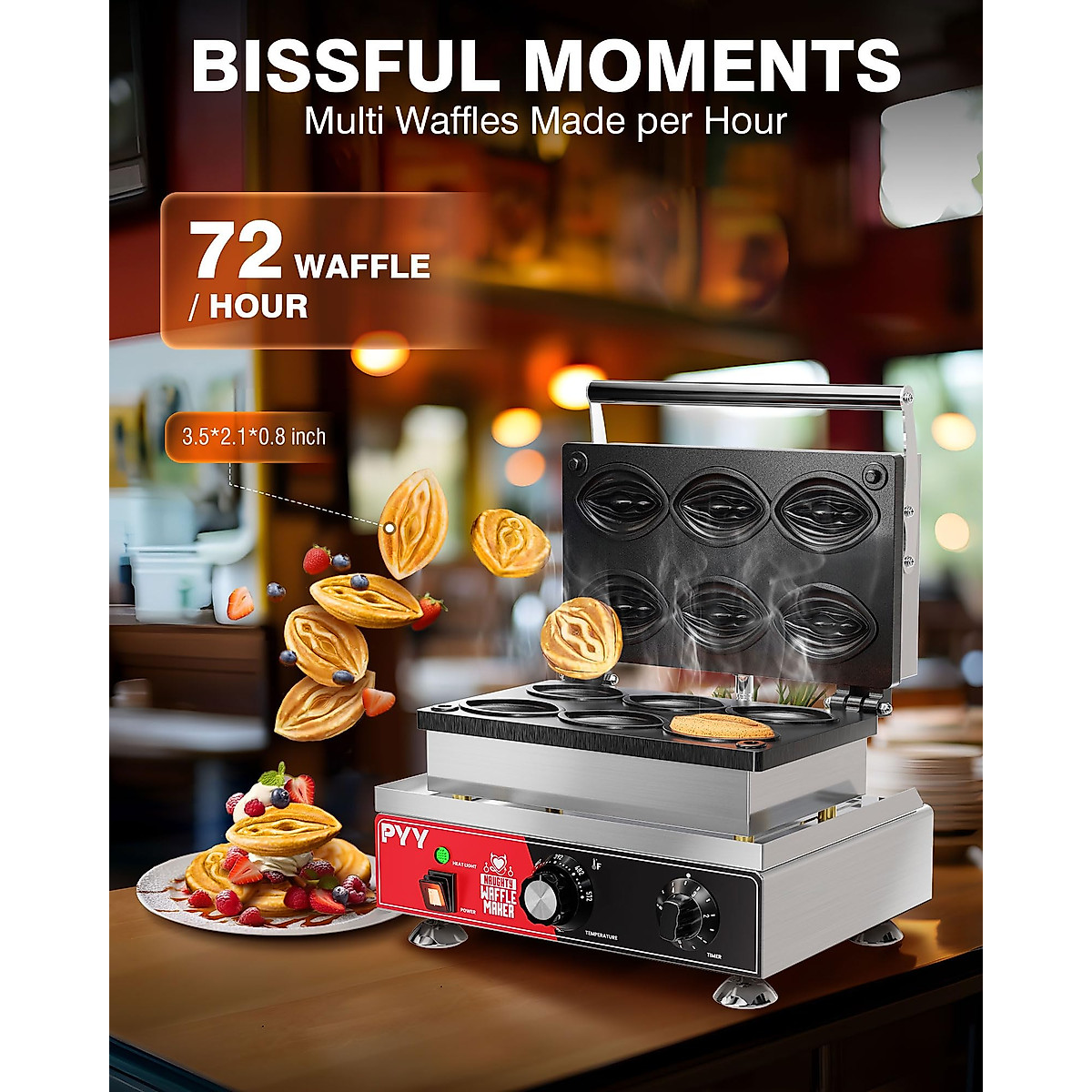 PYY Commercial Waffle Maker - 6pcs Strange Shape Abalone Waffle Iron Machine, Electric Stainless Steel Double Sided Removable Plates, 1600W 122-572℉ Temp Control | Black Non-stick Coating | Crumb Tray