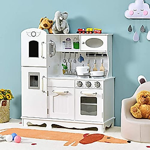 Costzon Kids Kitchen Playset, Wooden Pretend Cooking Playset w/Stove, Fridge, Microwave, Removable Sink, Water Dispenser w/Light Sound, Cabinets, Great Gift for Boys Girls