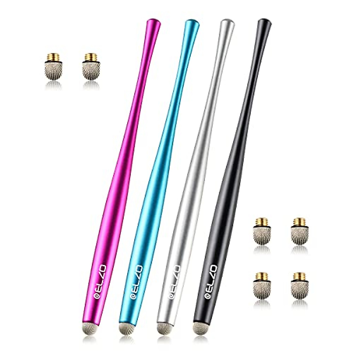 ELZO Capacitive Stylus Pens Premium Metal Slim Combo 4 Pcs Tips for All Touch Screens iPad & Android Tablets DELL/Samsung/HP/Asus/Surface/Samsung/iPhone/LG (Black, Silver, Light Blue & Rose Red)