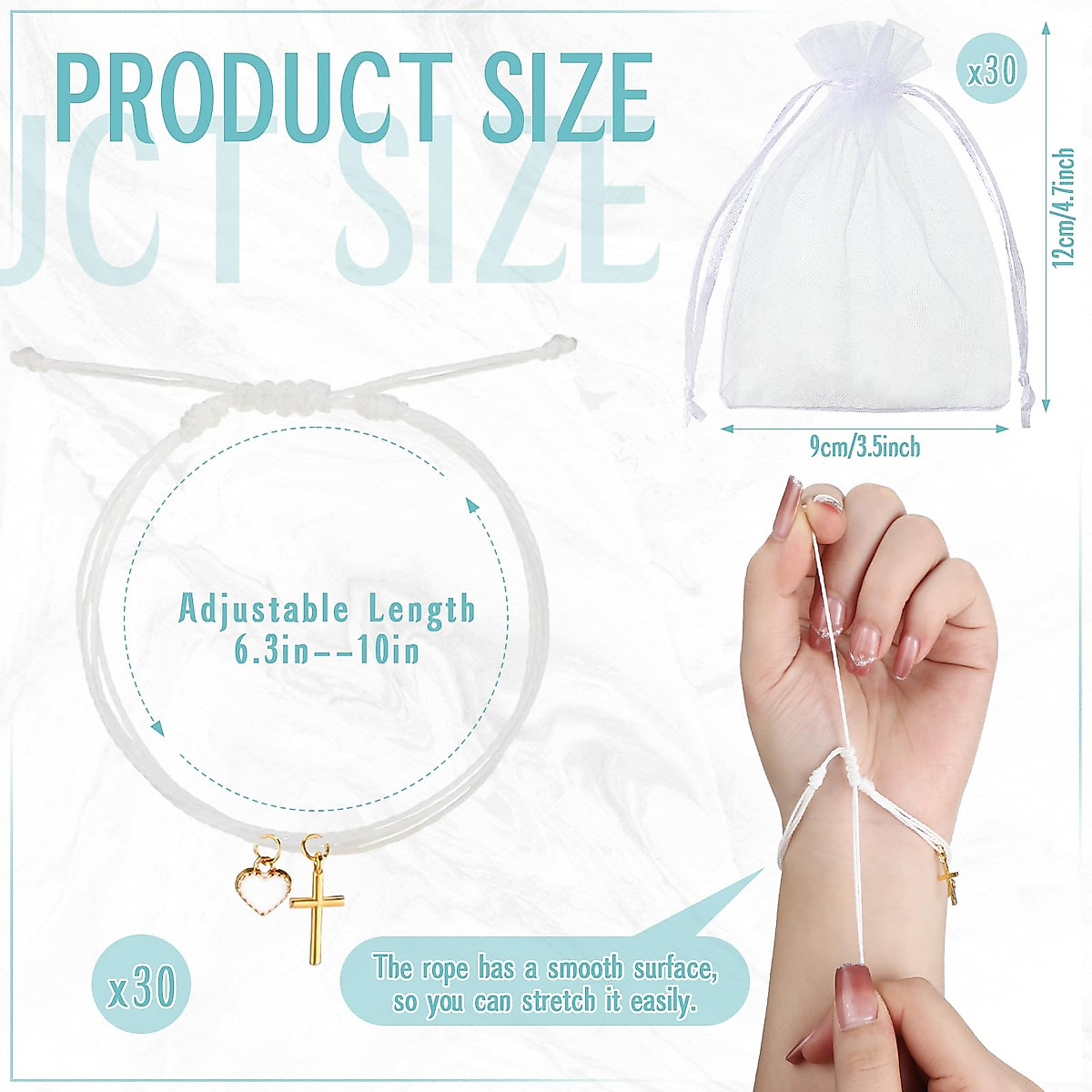 Ferreve 30 Sets Baptism Party Favors Cross Heart Bracelet Bulk with Organza Bag Christian Adjustable Religious Braided Rope for Church Wedding Baby Shower First Communion Sunday School Gifts(Gold)