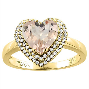 PIERA 14K Yellow Gold Natural Morganite Ring Heart Shape 8 mm Diamond Accents, size 8