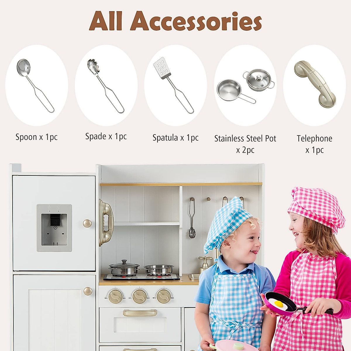 INFANS Kid Kitchen Playset, Toddler Wooden Pretend Cooking Set with Realistic Light & Sound, Stove, Sink, Microwave, Storage Cabinet, Play Kitchen Toy Set for Children Boys Girls