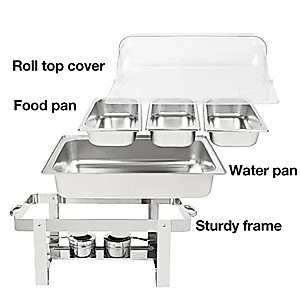Restlrious Chafing Dish Buffet Set with Roll Top Plastic Cover, Stainless Steel 8 QT Rectangular Chafers and Buffet Warmers Set w/3 Third Size Food Pan, Water Pan, Fuel Can for Catering Event Party