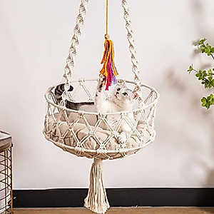 MEWOOFUN Hanging Macrame Cat Hammock Bed, Cat Swing Bed Space Saving Window Perch with Washed Cotton Mat & Funny Cat Toy for Indoor Cats