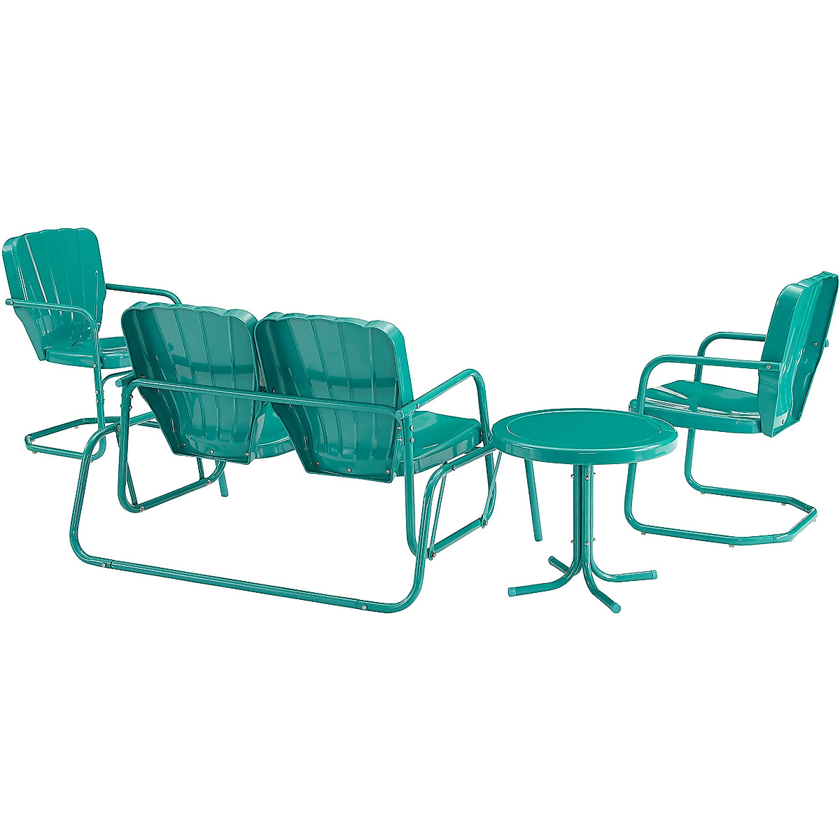 Crosley Furniture Ridgeland 4-Piece Retro Metal Outdoor Loveseat Glider Patio Furniture Set for Porch, Deck, Turquoise Gloss