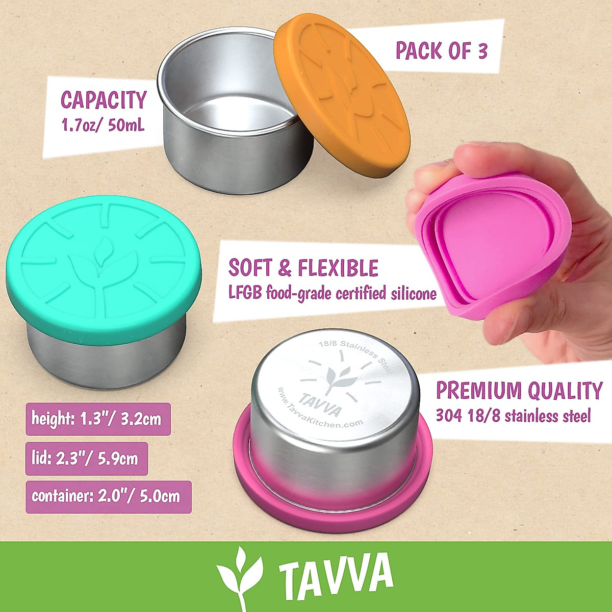 TAVVA Leakproof Salad Dressing Container To Go - 3X1.7oz Condiment Containers with Lids, Sauce Containers for Lunch Box, Condiment Cups, Sauce Cups, Sauce Container with Lid, Bento Box Accessories