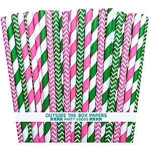 Outside the Box Papers Kelly Green and Pink Chevron and Stripe Paper Straws 7.75 Inches 100 Pack Kelly Green, Pink, White