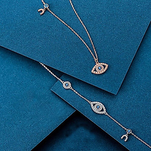 PAENENPH 14K Gold Moissanite Evil Eye Necklace, Sapphire Necklace for Women, Evil Eye Pendant, Gift for Her (Rose, 14K)