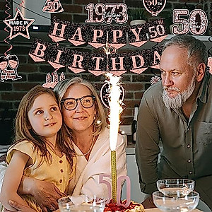 KORHONEN 50th Birthday Decorations for Women, Pink and Black 1973 Birthday Party Decorations Include Happy 50th Birthday Banner and Hanging Swirls, Happy 50th Bday Party Decor for Women