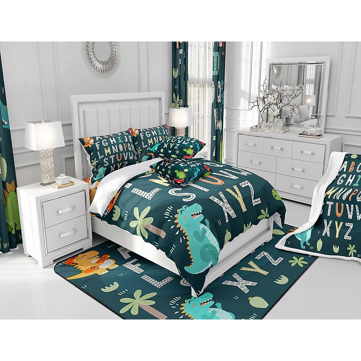 Alphabet Kids ABC Learning 100% Cotton Duvet Cover Full Size, Cartoon Dino Comforter Cover Kids Educational Nursery Art Bedding Set for Boys Girls Jungle Dino Bedspread Cover 3Pcs with 2 Pillow Case