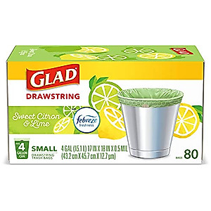 Glad Small Kitchen Drawstring Trash Bags – 4 Gallon Green Trash Bag Febreze , Sweet Citron & Lime, 80 Count (Package May Vary)