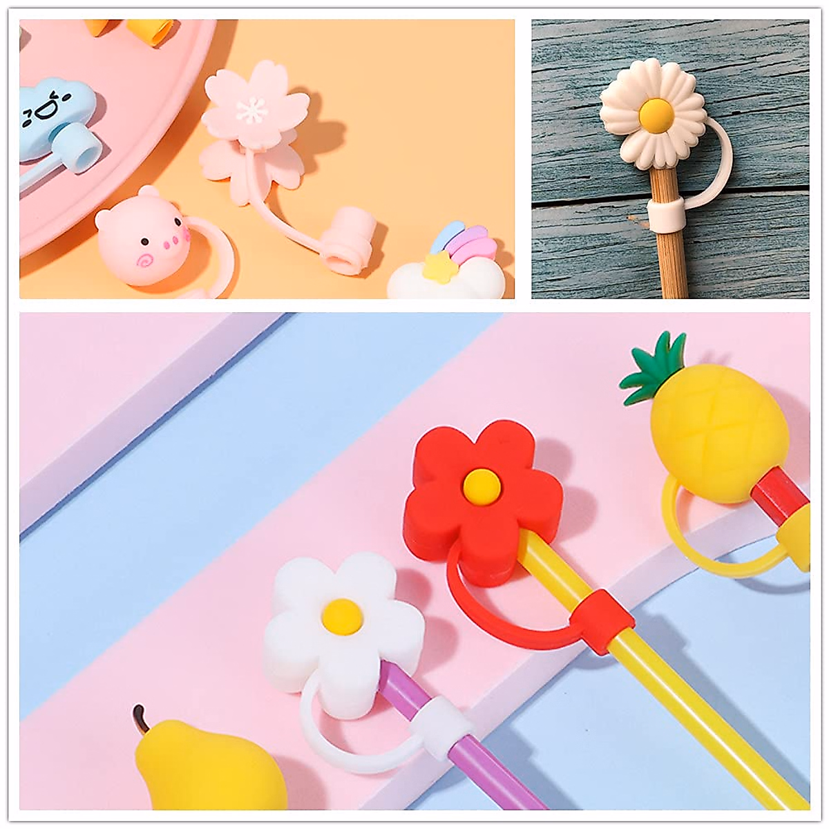 Beyonday 9pcs Silicone Flower Shape Straw Cover Cap Kit, Reusable Drinking Dust Plugs Set Cartoon Cherry Blossom Daisy Sunflowers Shape Spill Proof Straw Tips Cover Cup Stopper Cup Accessories