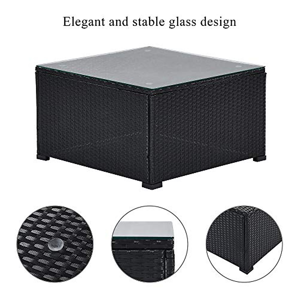 JIVOIT 5-Piece Outdoor Patio Furniture Set, Rattan PE Wicker Corner Sofa Set, Sectional Sofa Set with 1 Corner Sofa, 2 Sofa Chairs, 1 Ottoman and 1 Glass Coffee Table (Black Wicker+ Blue Cushion 003)