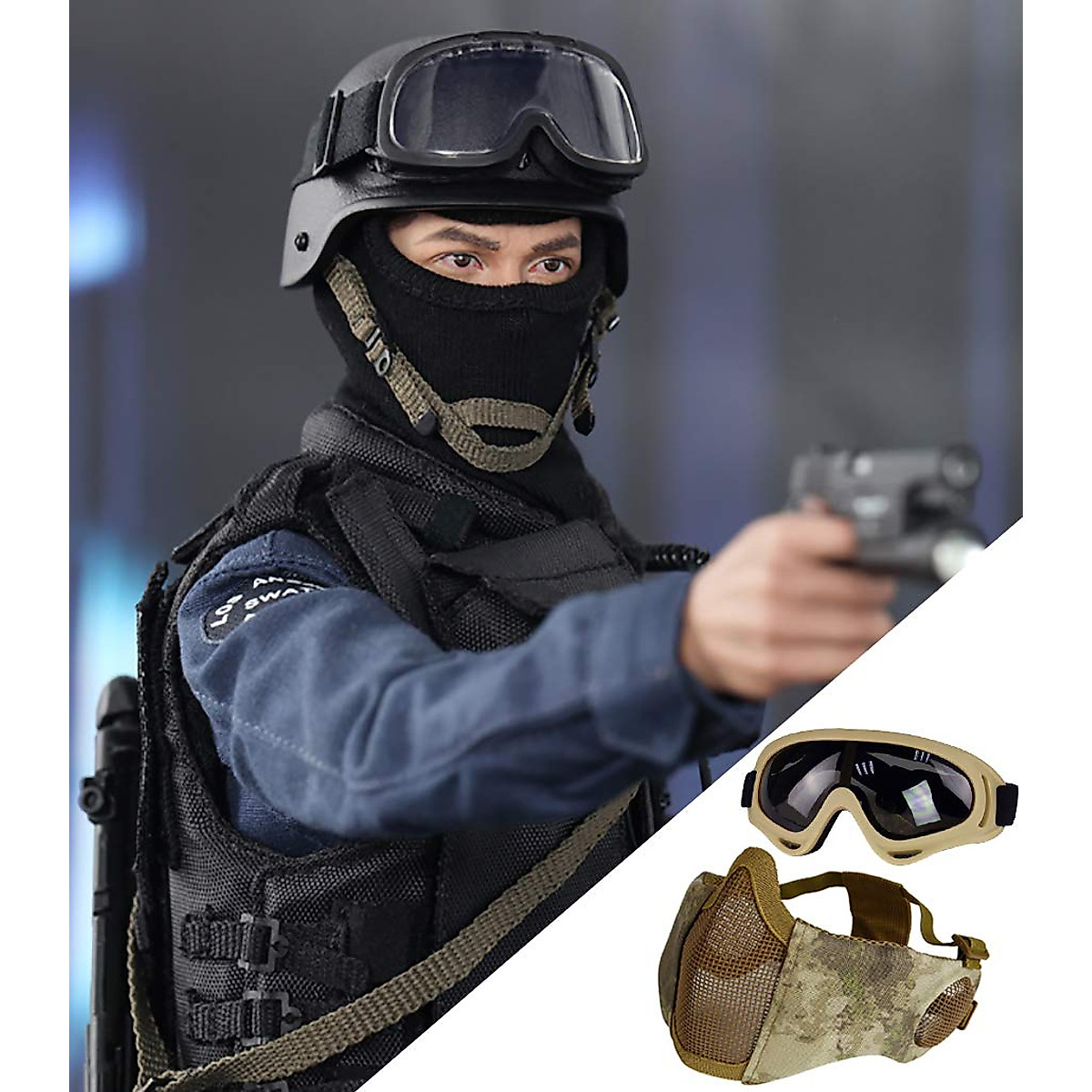 Yzpacc Airsoft Mask with Goggles, Foldable Half Face Airsoft Mesh Mask with Ear Protection for Paintball Shooting Cosplay CS Game